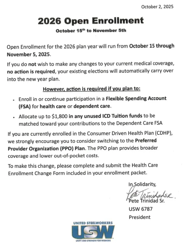 Open Enrollment for 2026 Plan | USW Local 6787