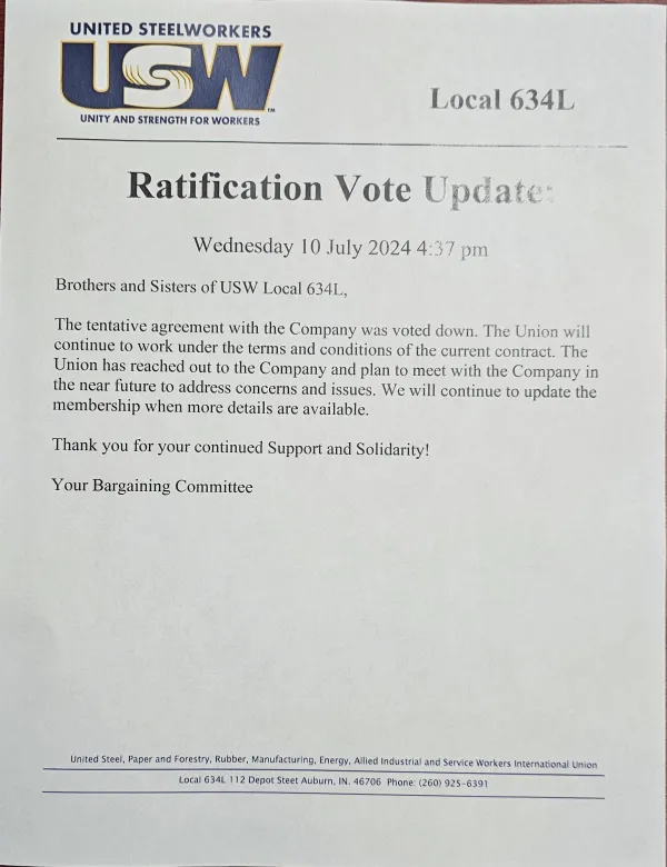 Ratification Vote Results 7-10-2024 | Local 634L Auburn, IN